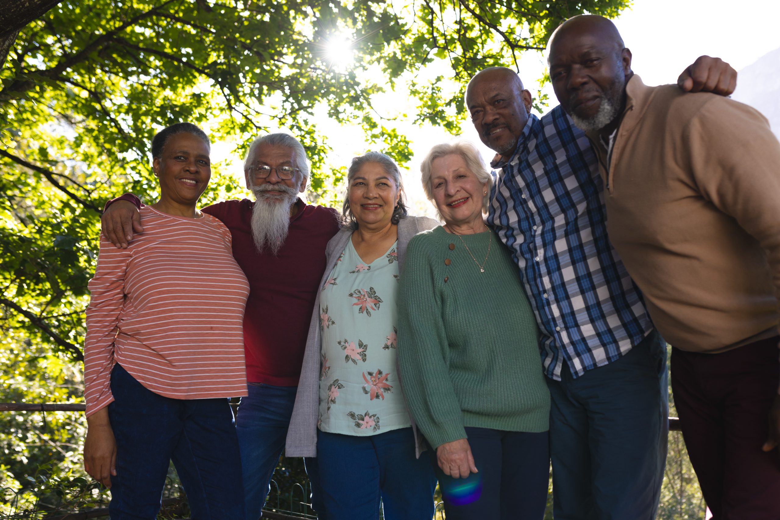 Happy diverse group of senior friends embracing and smiling in sunny ...